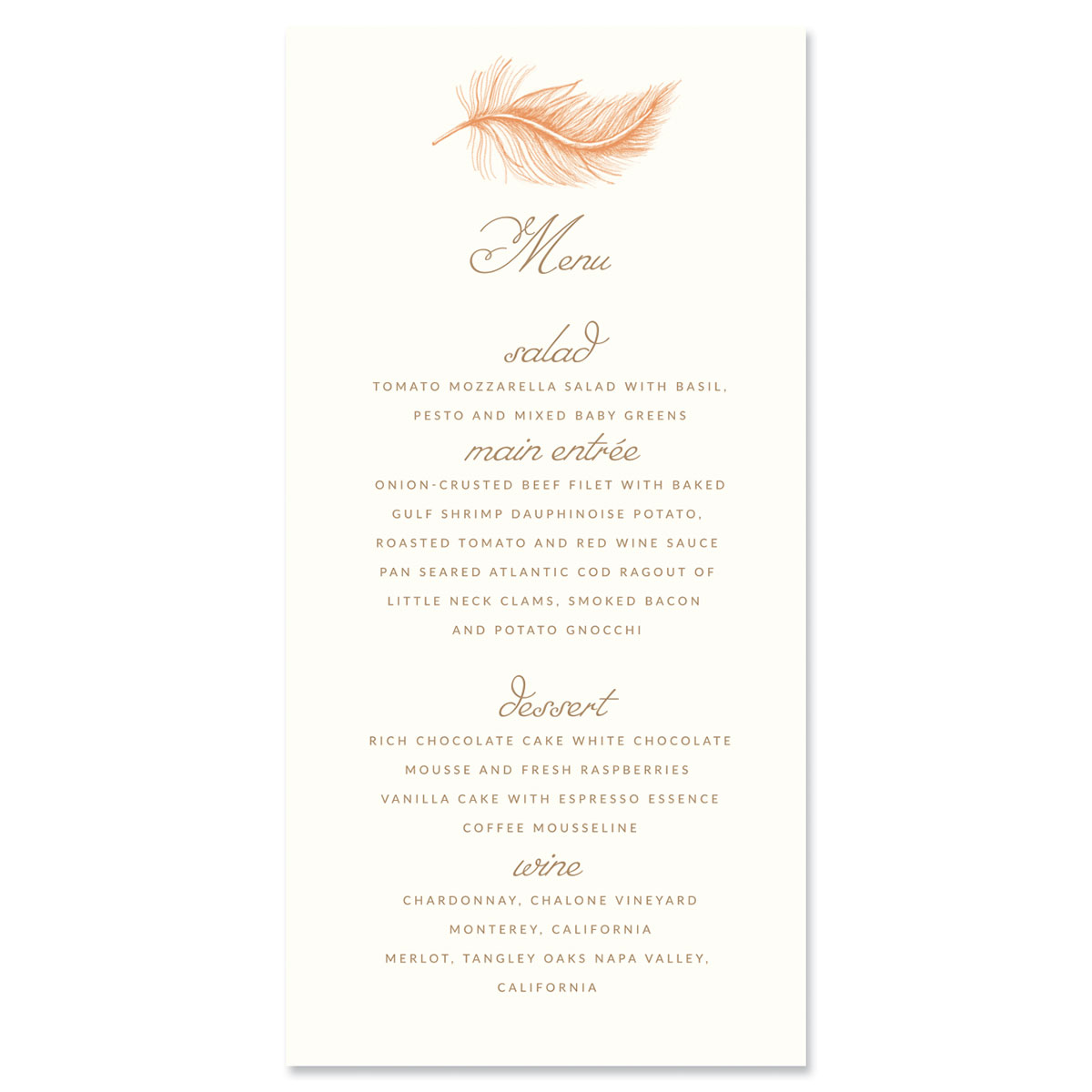 Rose Gold Feather Menu Card | Fine Stationery