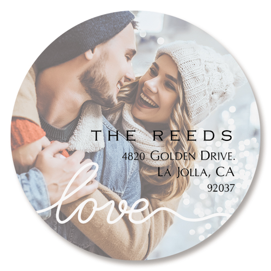 Love Round White Caption Custom Photo Address Labels | Fine Stationery