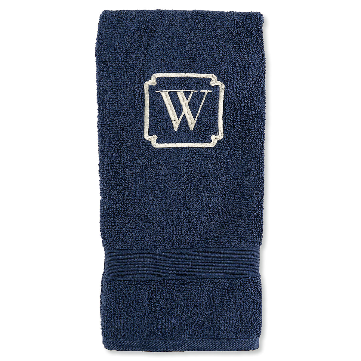 Navy Monogrammed Hand Towels - Initial with Border | Fine Stationery