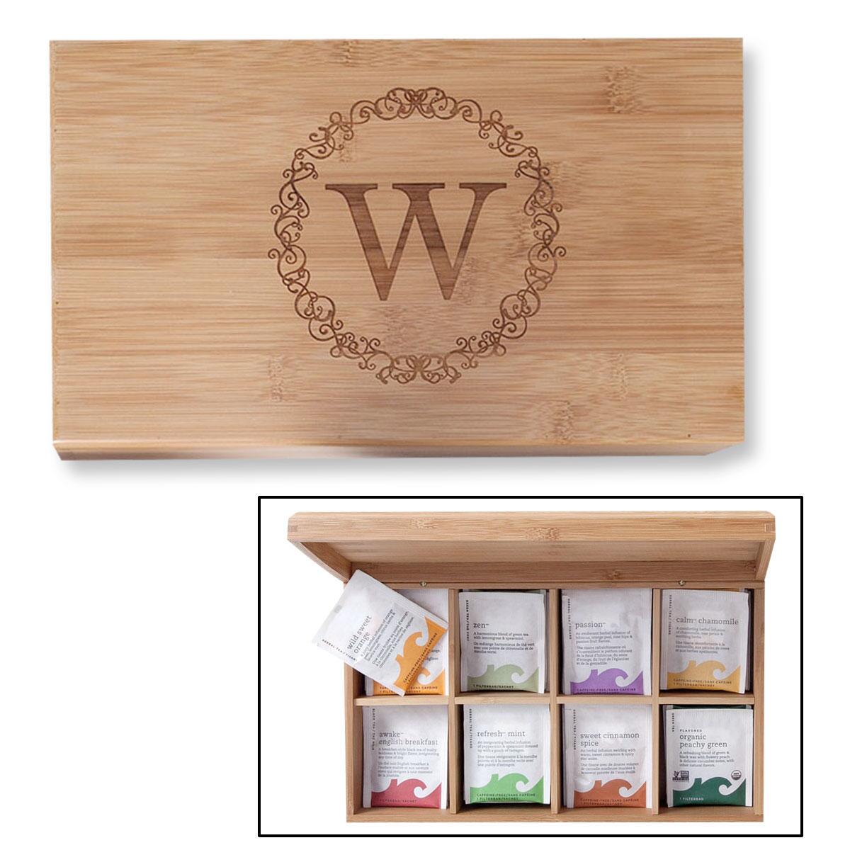 Bamboo Custom Tea Box with Scrollwork Initial | Fine Stationery